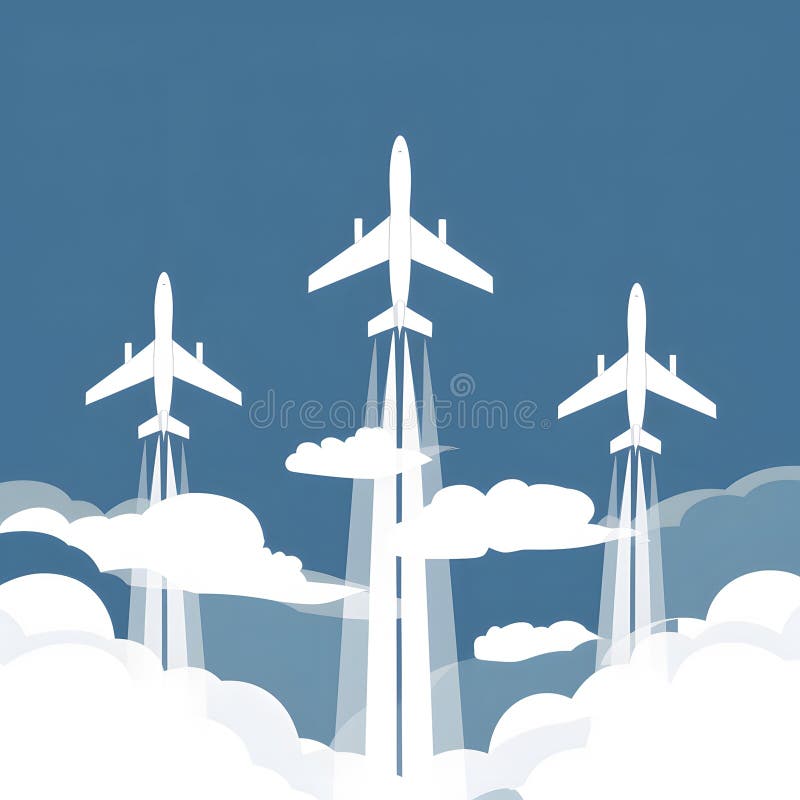 Three Planes Flying High in a Blue Sky with White Engine Trails Stock ...