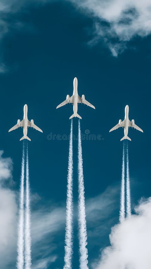 Three Planes Flying High in a Blue Sky with White Engine Trails Stock ...
