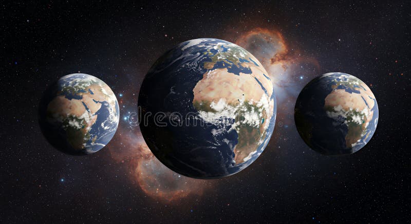 Three Planet Earths in Space with Heart Nebula Background Stock ...