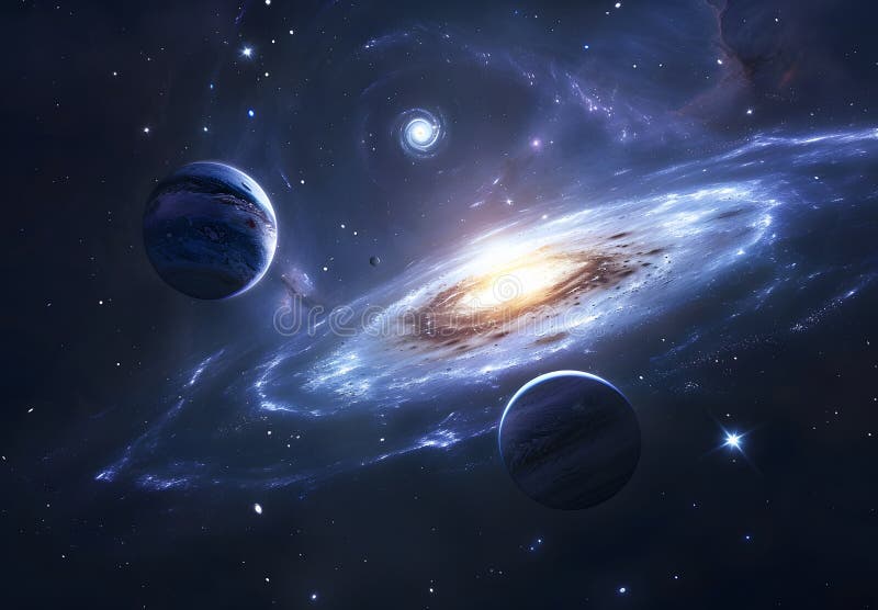 Three Planets Orbiting Spiral Galaxy in Deep Space Stock Illustration ...