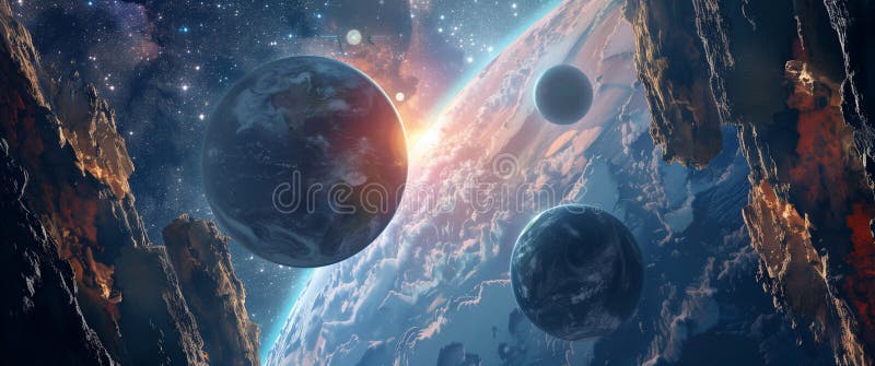 Three Planets in Space with Earth and a Starry Background Stock Image ...