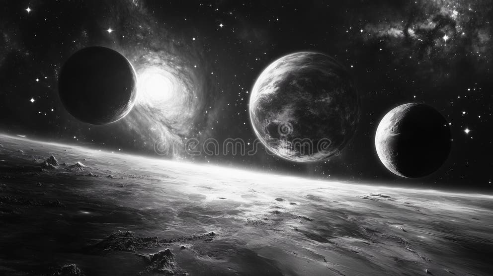 Three Planets in Space with a Sun in the Middle. the Planets are in ...