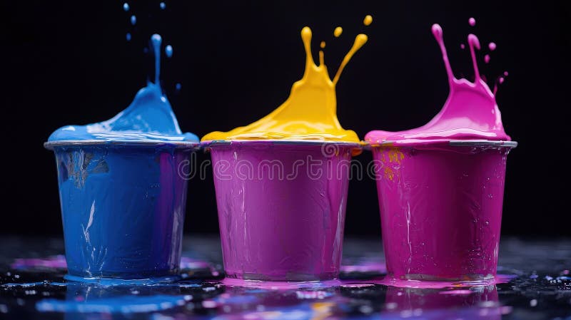 Three Vibrant Paint Splashes in Blue, Yellow, and Pink Stock Photo ...