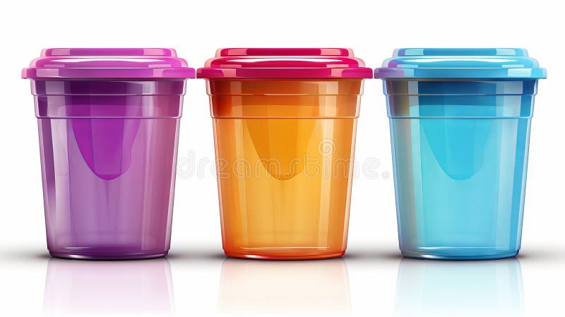 Three Plastic Cups with Lids in Different Colors Stock Photo - Image of ...