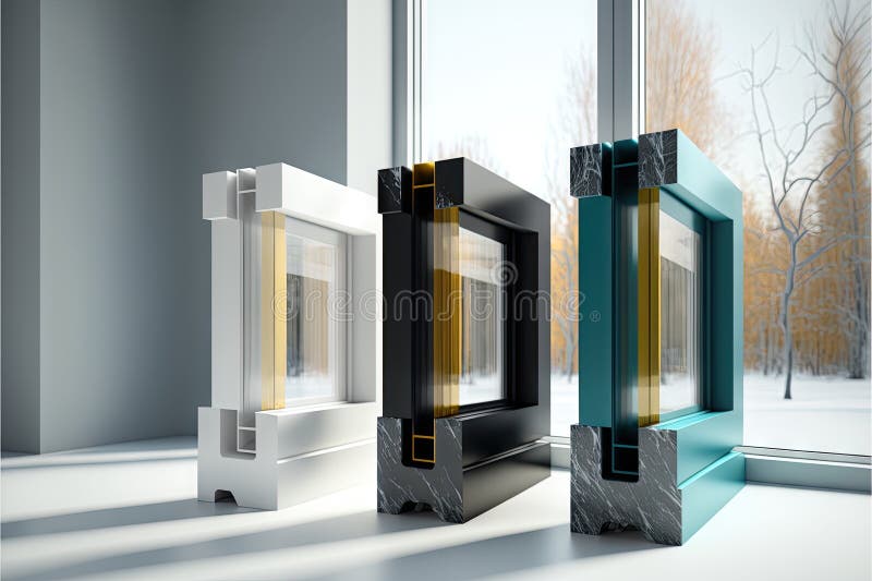 Three Plastic Windows Profile in Close-up Section on Windowsill Stock ...