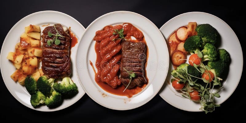 Three Plates with Meat and Vegetables, and on One of Them There is Red ...
