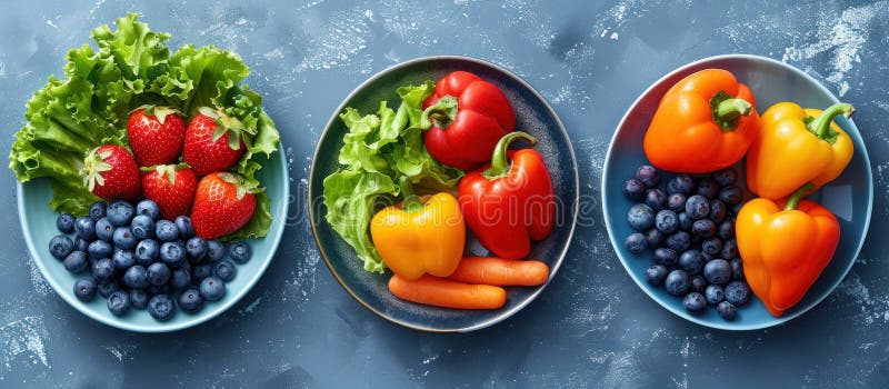 Three Plates Filled with Fresh Fruits and Vegetables Stock Photo ...