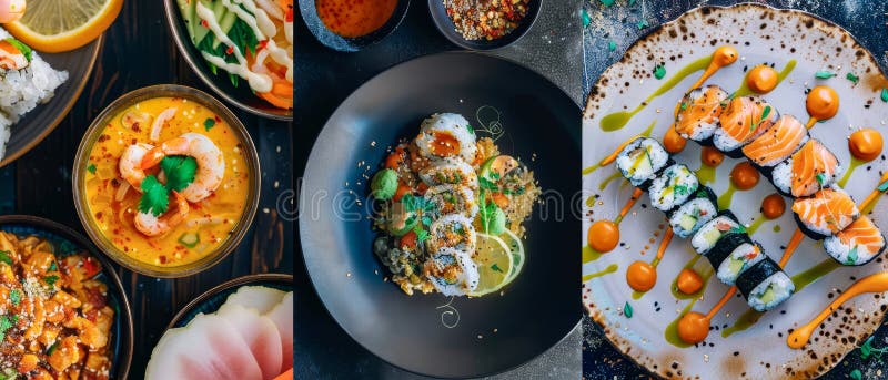 Three Plates of Food with Different Types of Sushi and Other Dishes ...