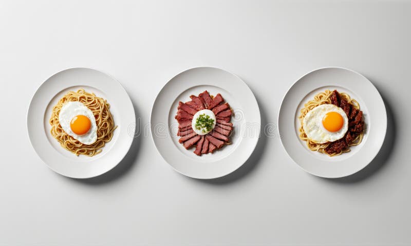 Three Plates of Simple Pasta Dishes, Each with a Fried Egg on Top Stock ...