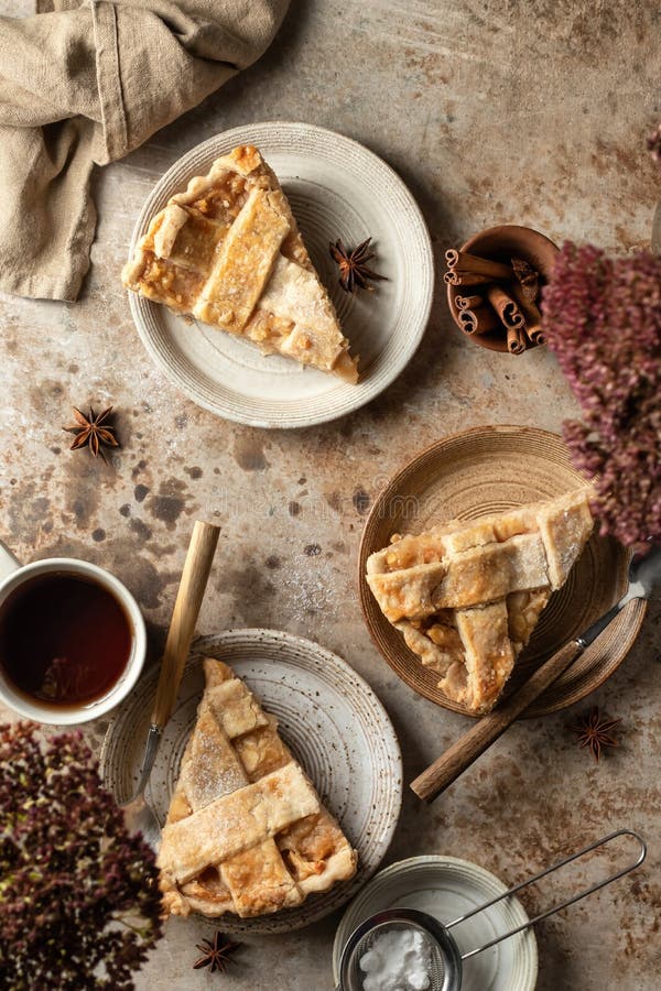 Three Plates with a Slice of Delicious Homemade Apple Pie, Top View ...
