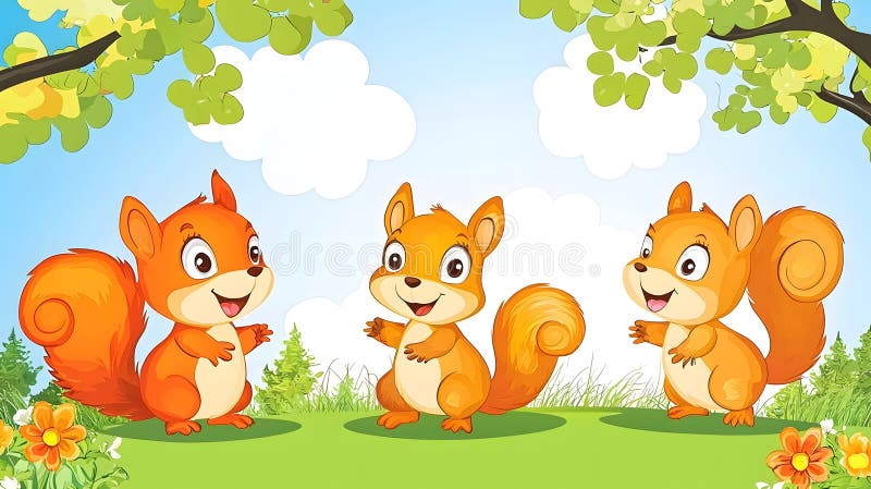 Three Playful Cartoon Squirrels in a Vibrant Forest Stock Illustration ...