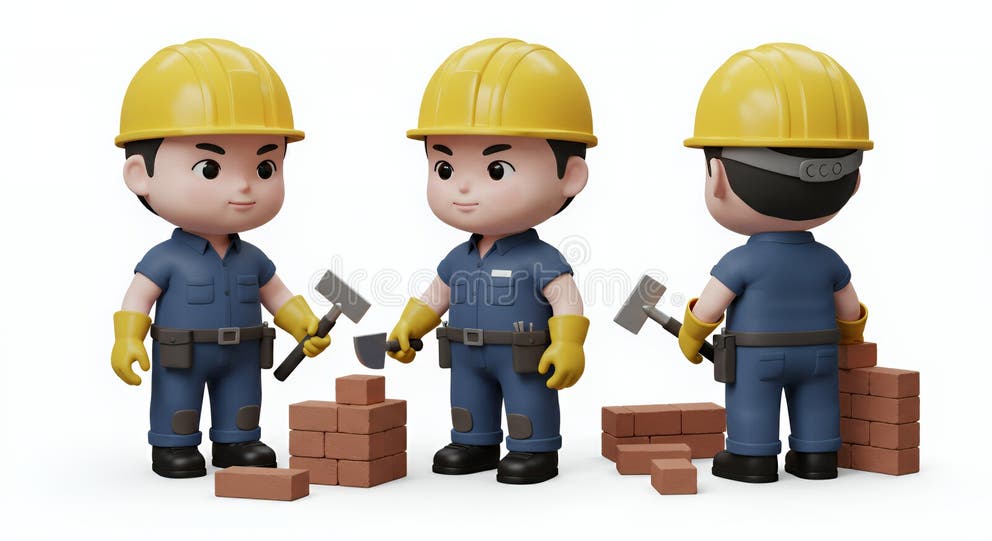 Three Playful Chibi Bricklayers Working with Bricks 3D Render Isolated ...