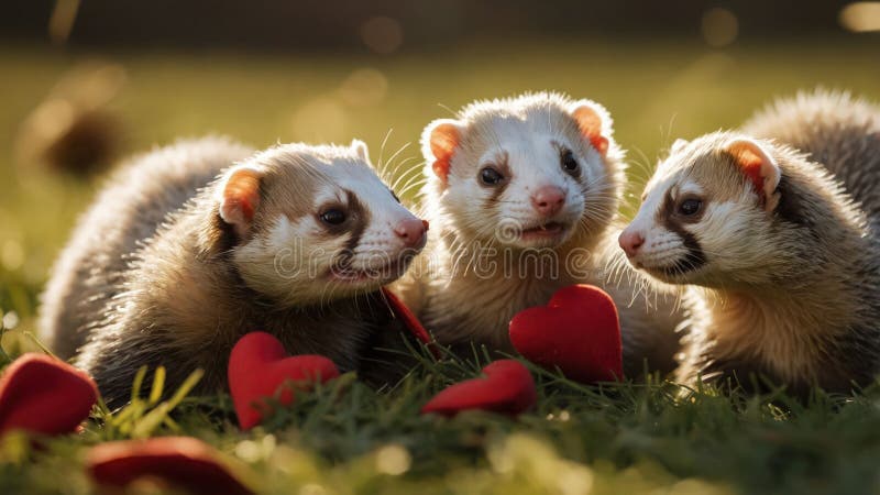 Adorable Ferrets with Red Hearts in Golden Sunlight Stock Illustration ...