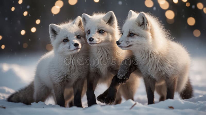Three Adorable Arctic Fox Cubs Playing in Snowy Winter Wonderland Stock ...