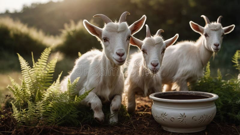 Three Playful Goats Near a Decorative Pot Surrounded by Ferns in a ...