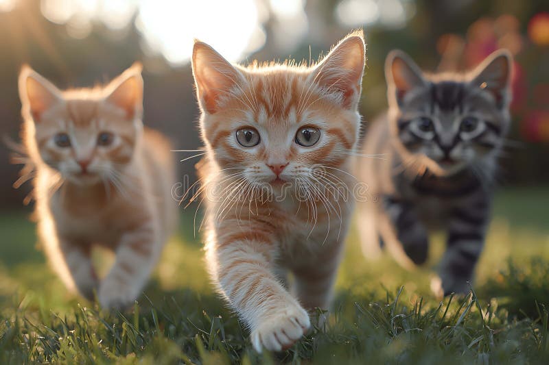 Three Playful Kittens Chasing Each Other in a Sun-drenched Backyard ...