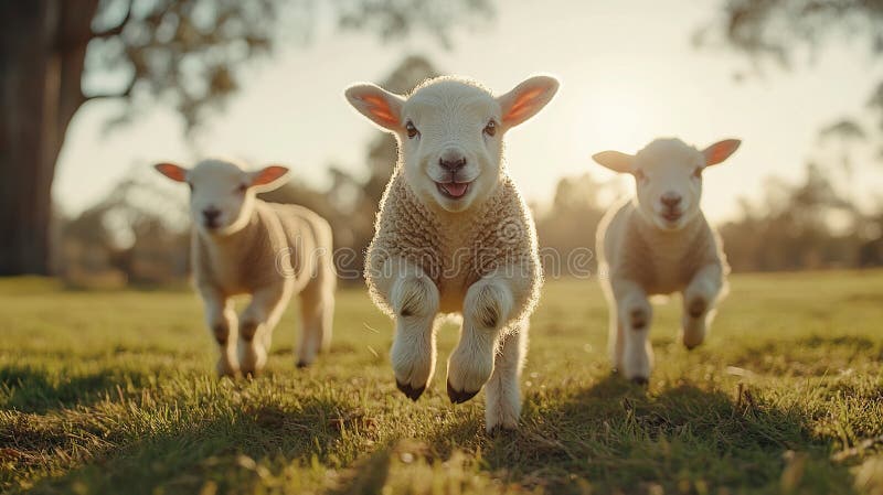 Three Playful Lambs Frolic in a Field at Sunset Stock Illustration ...