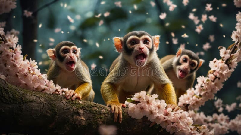 Adorable Squirrel Monkeys on Cherry Blossom Branch Stock Illustration ...