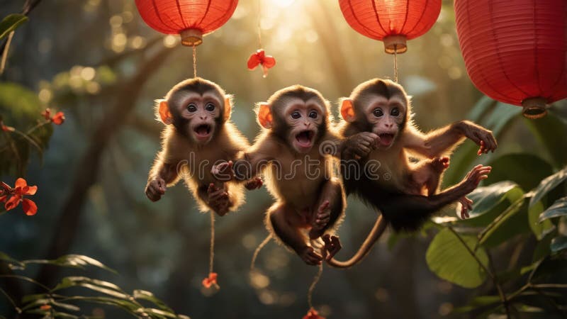 Adorable Trio of Baby Monkeys Hanging from Red Lanterns Stock ...