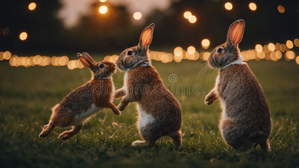Three Adorable Rabbits Playing in a Magical Sunset Garden Stock ...