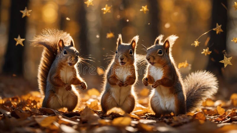 Three Adorable Red Squirrels Posing in Autumn Leaves with Falling Golden Stars Stock ...