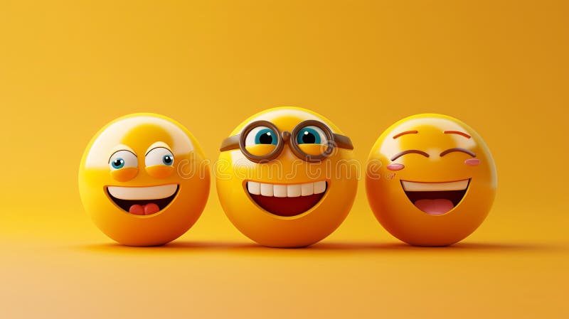 Three Playful Yellow Smiley Faces Display a Range of Happy Emotions ...