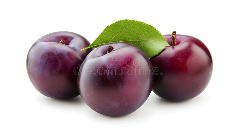 Three Plums with Plum Leaves on a White Background Stock Image - Image ...