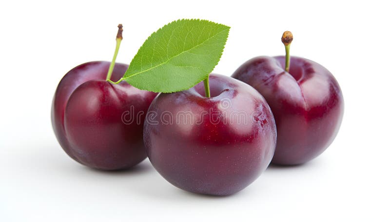 Three Plums with Plum Leaves on a White Background Stock Photo - Image ...