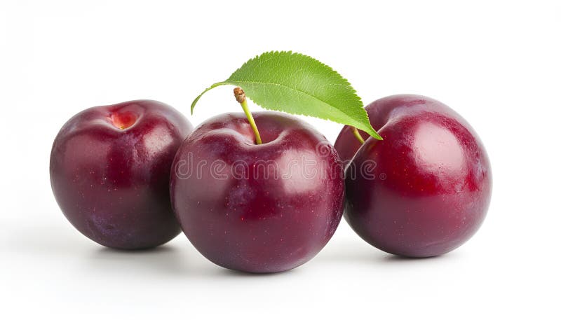 Three Plums with Plum Leaves on a White Background Stock Photo - Image ...