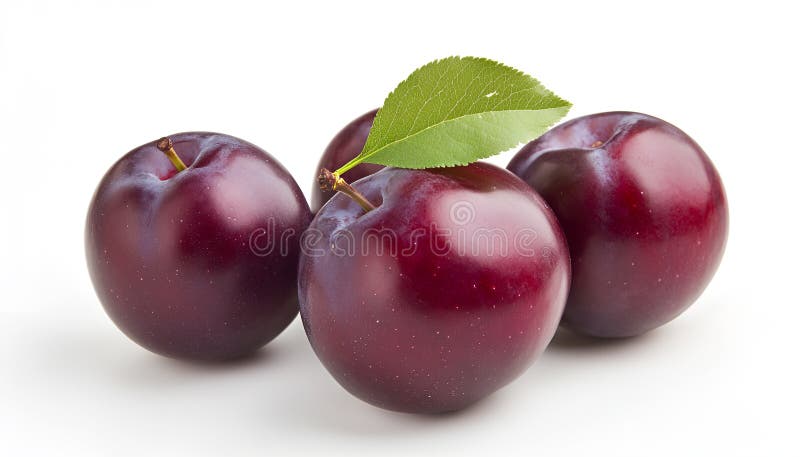Three Plums with Plum Leaves on a White Background Stock Image - Image ...