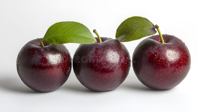 Three Plums with Plum Leaves on a White Background Stock Photo - Image ...