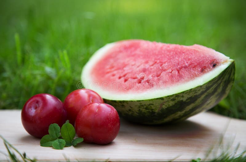 Three Plums with Watermelon Stock Photo - Image of grass, vegetarian ...