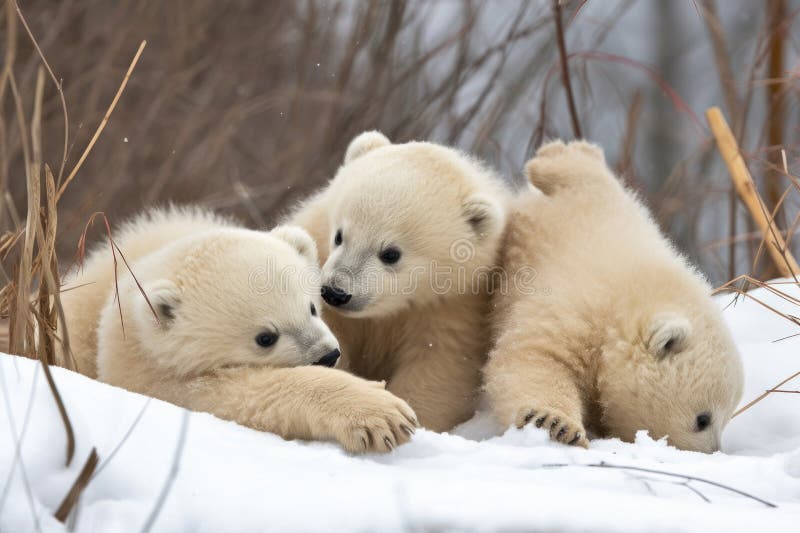 Three Polar Bear Cubs Roll and Tumble in the Snow, Play-fighting and ...