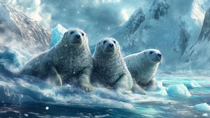 Three Polar Bears on Ice Floes in Arctic Mountains Stock Illustration ...