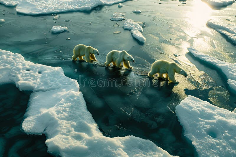 Three Polar Bears Navigate a Path of Melting Ice Floes in the Arctic ...