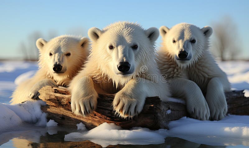 Three Polar Bears Sitting on Log in Snow Stock Photo - Image of trio ... Three Polar Bears Sitting on Log in Snow Stock Photo - Image of trio ...