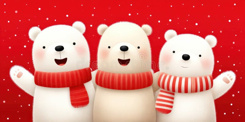 Three Polar Bears Standing Side by Side Against a Solid Red Background ...