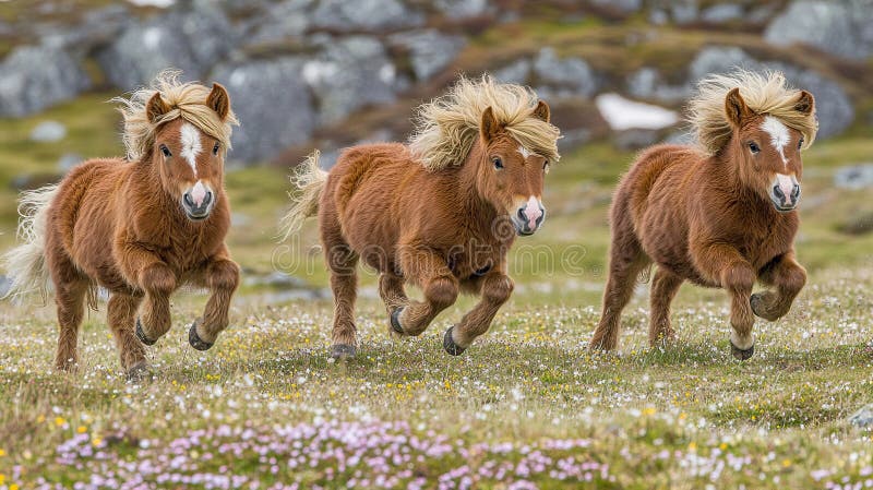Three Ponies Galloping, Rocky Hillside, Wildflowers, Spring Stock Image ...