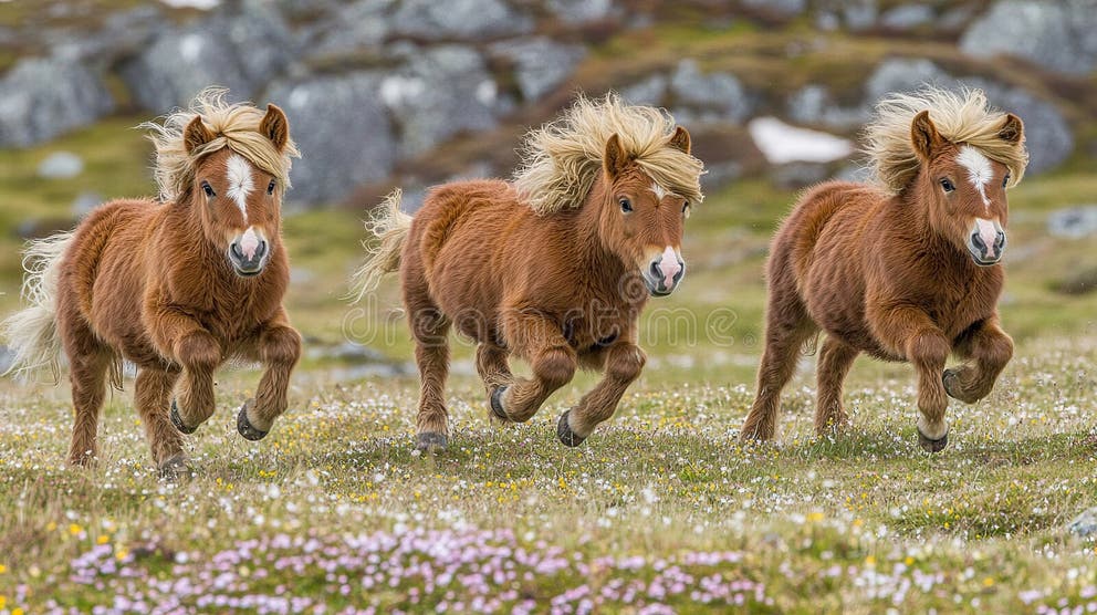 Three Ponies Galloping, Rocky Hillside, Wildflowers, Spring Stock Image ...