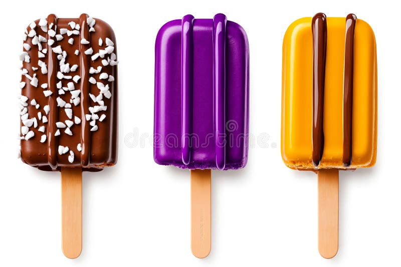 Three Popsicles with Chocolate and Sprinkles on a White Background ...
