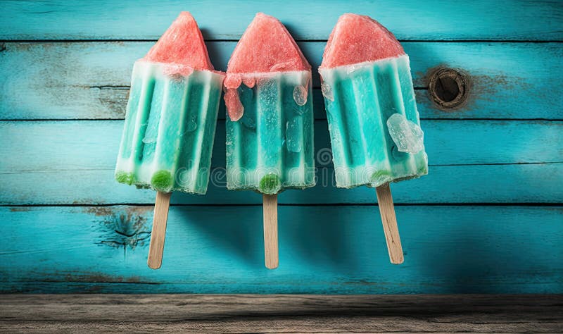 Three Popsicles with Green and Red Toppings on a Stick Stock ...