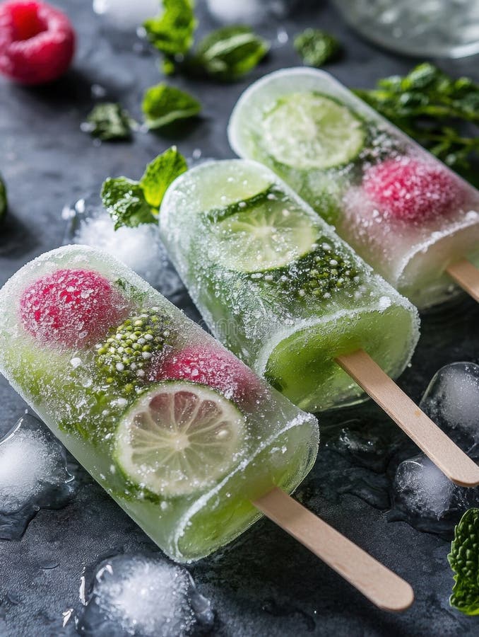 Three Popsicles with Lime and Raspberry on Top Stock Illustration ...