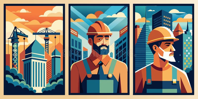 Three Posters of Construction Workers with Hard Hats Stock Vector ...