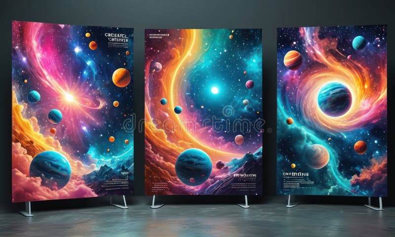 Three Posters of Planets in a Solar System are Displayed on a Grey ...