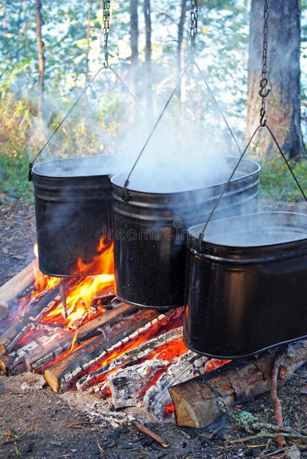 Three Pots on the Fire in the Forest Stock Image - Image of campfire ...