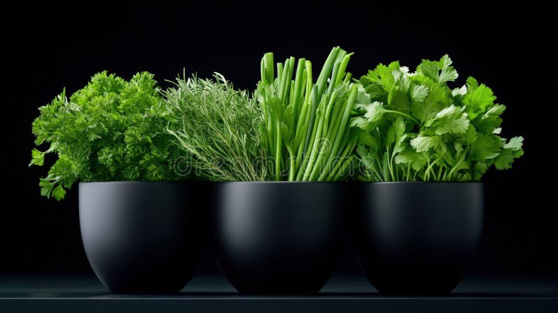 Three Pots of Fresh Herbs on a Dark Surface with a Minimalist Design ...