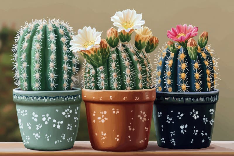 Three Potted Cacti, Green and Spiky, on a Table or Floor Stock Photo ...