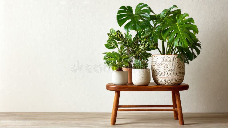 Three Potted Plants on Wooden Stool Against Neutral Wall Stock ...