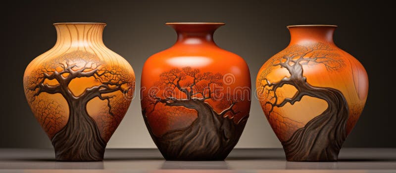 Three Pottery Vases with Tree Designs Displayed on a Table Stock Photo ...