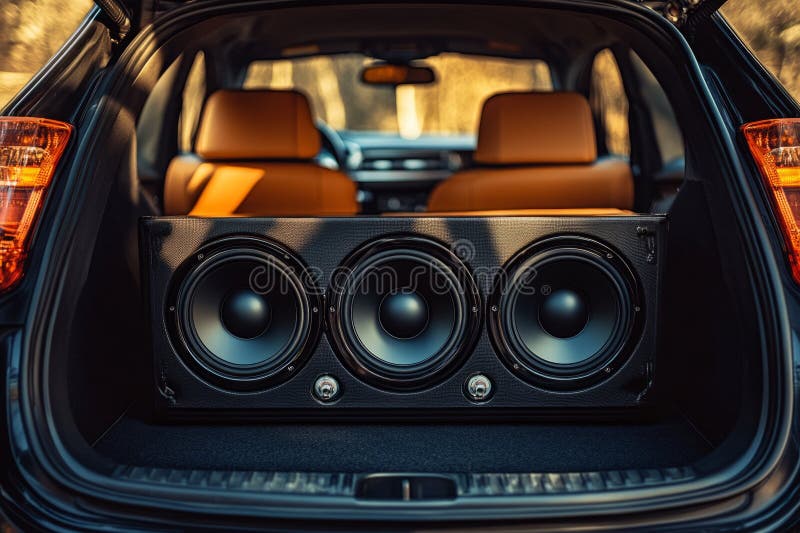 Three Powerful Subwoofers Lying in Modern Car Trunk Stock Image - Image ...